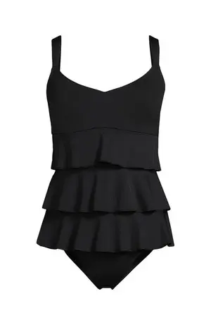 LANDS' END Smoothing Control Ruffle Fauxkini One Piece Swimsuit - Black
