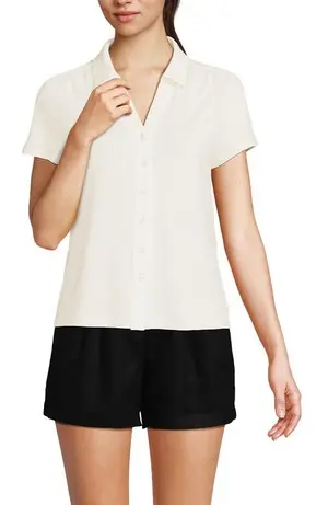 LANDS' END Linen Blend Button-front Polo Top - Ivory