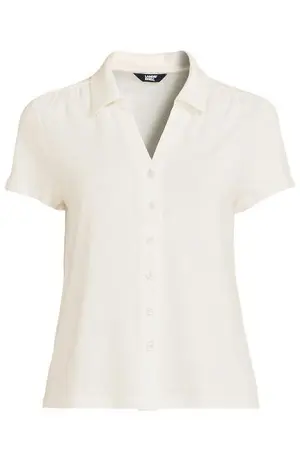 LANDS' END Linen Blend Button-front Polo Top - Ivory