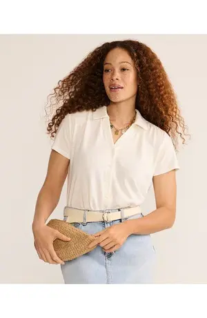 LANDS' END Linen Blend Button-front Polo Top - Ivory