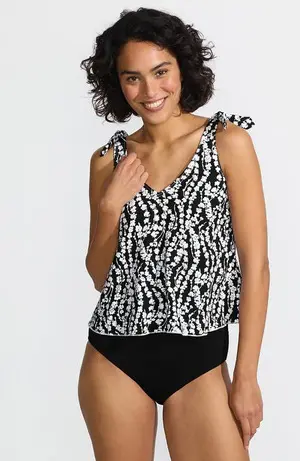 LANDS' END D-cup Chlorine Resistant V-neck Flutter Tankini Top - Black/white Vine Floral