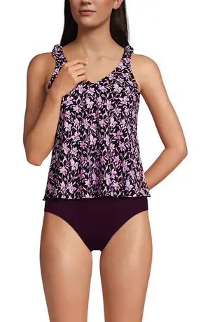 LANDS' END D-cup Chlorine Resistant V-neck Flutter Tankini Top - Tropic Floral Ditsy/dark Wine
