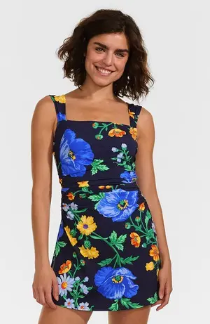 LANDS' END Chlorine Resistant Ruched Swim Dress - Navy/exploded Poppy Floral