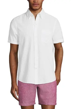 LANDS' END Short Sleeve Seersucker Shirt - White