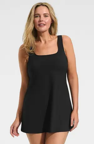 LANDS' END Scoop Neck Mini Swim Dress One-piece Swimsuit - Black