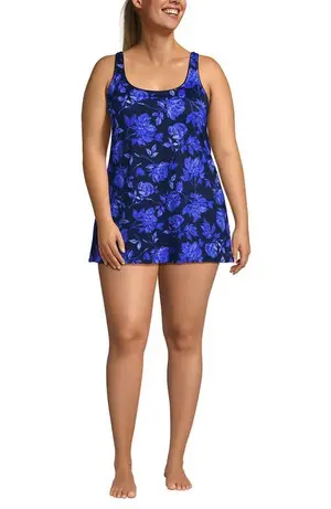 LANDS' END Scoop Neck Mini Swim Dress One-piece Swimsuit - Navy Graphic Floral