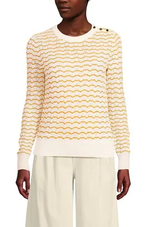 LANDS' END Cotton Viscose Button Shoulder Crewneck Sweater - Ivory/sweet Mango Stripe