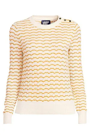 LANDS' END Cotton Viscose Button Shoulder Crewneck Sweater - Ivory/sweet Mango Stripe