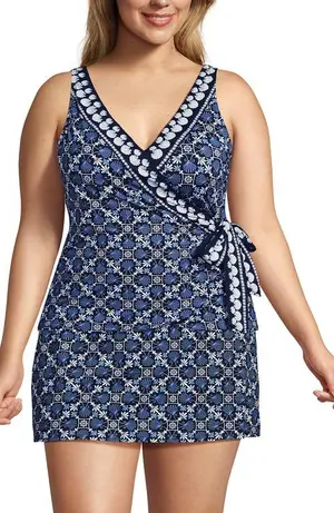LANDS' END Chlorine Resistant V-neck Tankini Swimsuit Top - Seashell Geo/navy Border