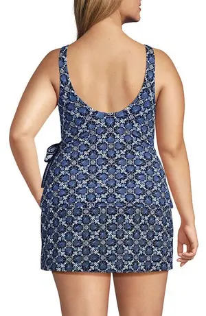 LANDS' END Side Tie Tankini Top - Seashell Geo/navy Border