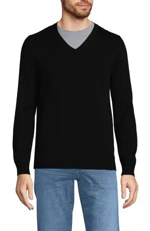 LANDS' END Fine Gauge Cotton V-Neck Sweater Black