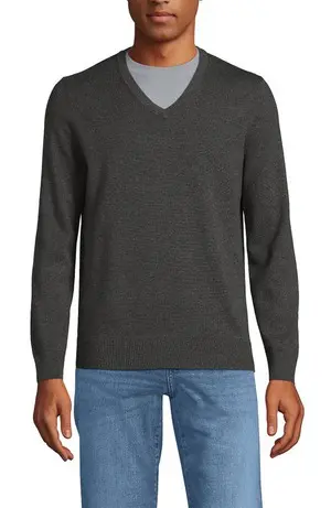 LANDS' END Fine Gauge Cotton V-neck Sweater - Charcoal Heather