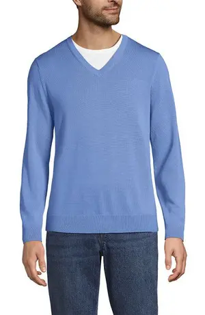 LANDS' END Fine Gauge Cotton V-neck Sweater - Soft French Blue