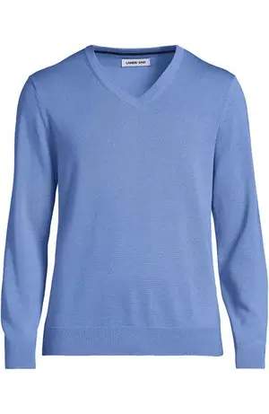 LANDS' END Fine Gauge Cotton V-neck Sweater - Soft French Blue