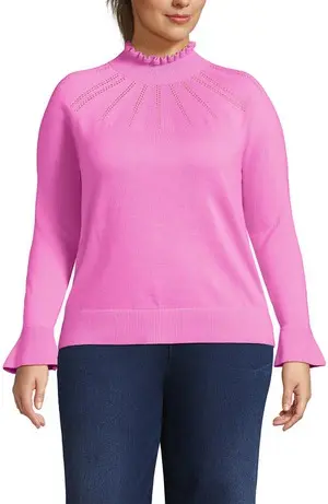 LANDS' END Cotton Pointelle Turtleneck Sweater - Aster Pink