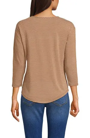 LANDS' END 3/4 Sleeve Lightweight Jersey U-neck Tunic - Canyon Camel Thin Stripe