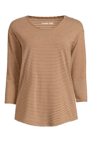 LANDS' END 3/4 Sleeve Lightweight Jersey U-neck Tunic - Canyon Camel Thin Stripe