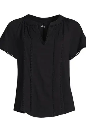 LANDS' END Slub Short Sleeve Notch Neck Top - Black