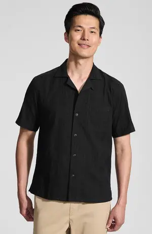 LANDS' END Short Sleeve Camp Collar Hawaiian Shirt - Black