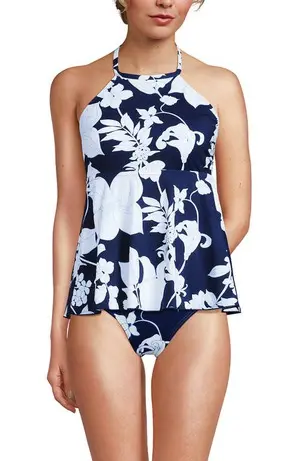 LANDS' END Halter Neck Tankini Top Deep Sea Navy/white Lilies