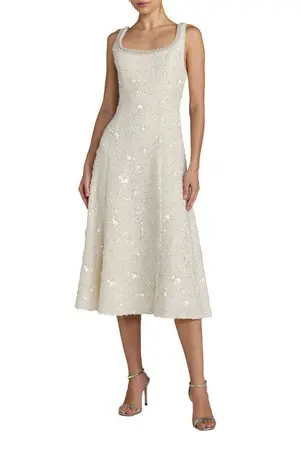 Mac Duggal Boucle Embellished Square Neck A-line Midi Dress - Ivory