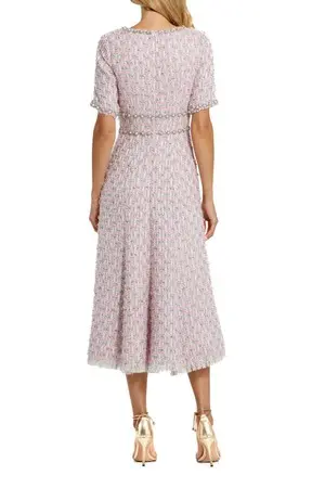 Mac Duggal Beaded Trim Boucle A-line Midi Dress - Pink Multi