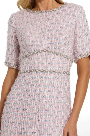 Mac Duggal Beaded Trim Boucle A-line Midi Dress - Pink Multi