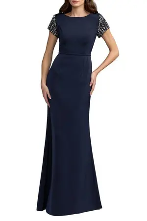 Mac Duggal Beaded Cap-sleeve Column Gown - Midnight