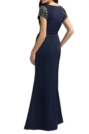 Mac Duggal Beaded Cap-sleeve Column Gown - Midnight