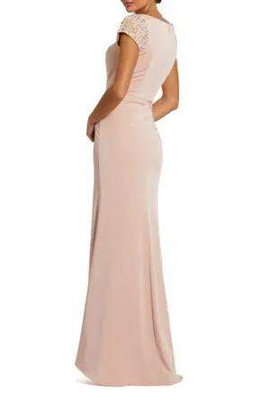 Mac Duggal Beaded Cap-sleeve Column Gown