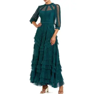Mac Duggal 3/4 Sleeve Tiered Ruffle Mesh Gown