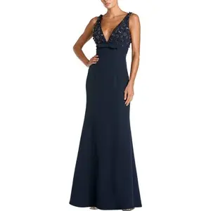 Mac Duggal Sleeveless Beaded V-neck Gown With Bow - Midnight