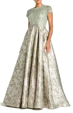 Mac Duggal Beaded Cap-sleeve Ball Gown With Metallic Brocade Skirt