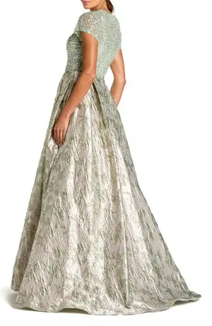 Mac Duggal Beaded Cap-sleeve Ball Gown With Metallic Brocade Skirt
