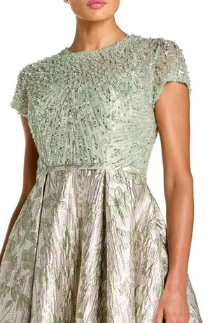 Mac Duggal Beaded Cap-sleeve Ball Gown With Metallic Brocade Skirt