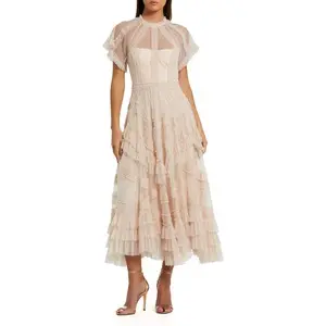 Mac Duggal Flutter Sleeve Micro Ruffle Mesh Midi Dress - Blush