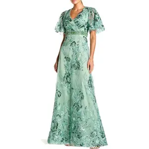 Mac Duggal Floral Embellished Faux Wrap Gown - Sage