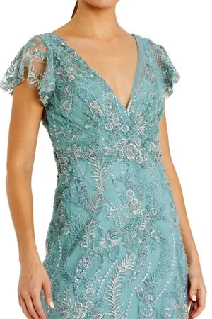 Mac Duggal V-neck Flutter Sleeve Gown With Floral Embroidery - Seafoam