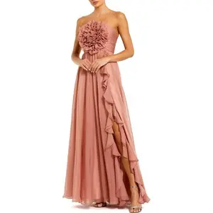 Mac Duggal Strapless Chiffon Gown With 3d Floral - Rose