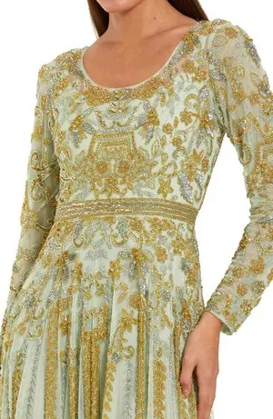 Mac Duggal Beaded Mesh A-line Gown With Long Sleeves