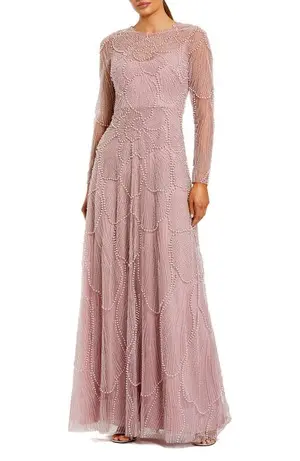 Mac Duggal Beaded Mesh High Neck A-line Gown - Mocha