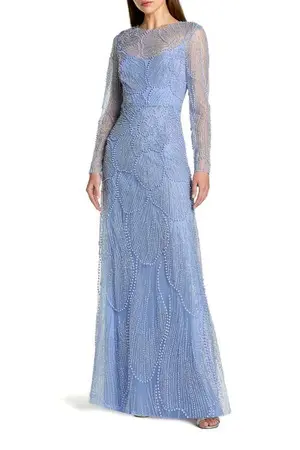 Mac Duggal Beaded Mesh High Neck A-line Gown - Periwinkle