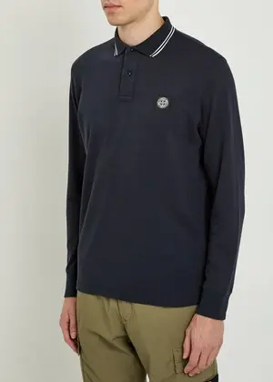 Stone Island Logo-appliquéd Piqué Stretch-cotton Polo Shirt - Navy