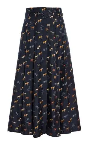 Gabriela Hearst Dugald Printed Silk Twill Pleated Midi Skirt - Dark Navy Multi
