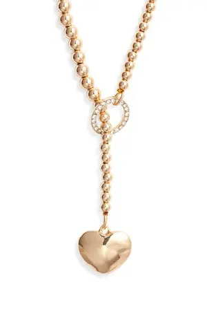 OPEN EDIT Heart Pendant Lariat Necklace - Clear- Gold