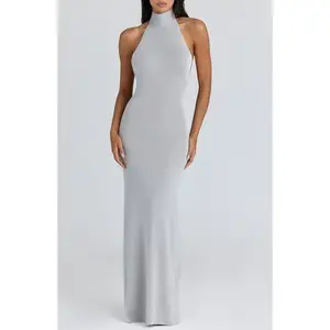 House Of Cb Nova Halter Open Back Mermaid Gown - Silver Grey