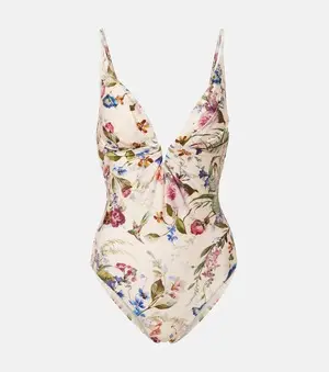 Zimmermann Patience Floral Gathered One Piece Swimsuit - Beige