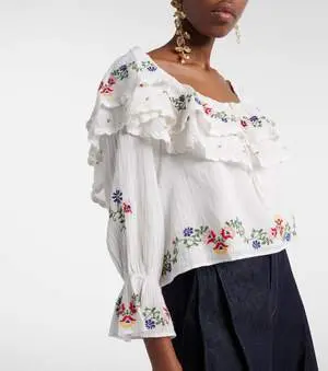 Rixo Embroidered Ruffled Cotton Top