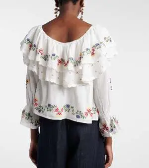 Rixo Embroidered Ruffled Cotton Top