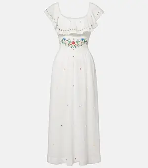 Rixo Ebony Embroidered Cotton Midi Dress
